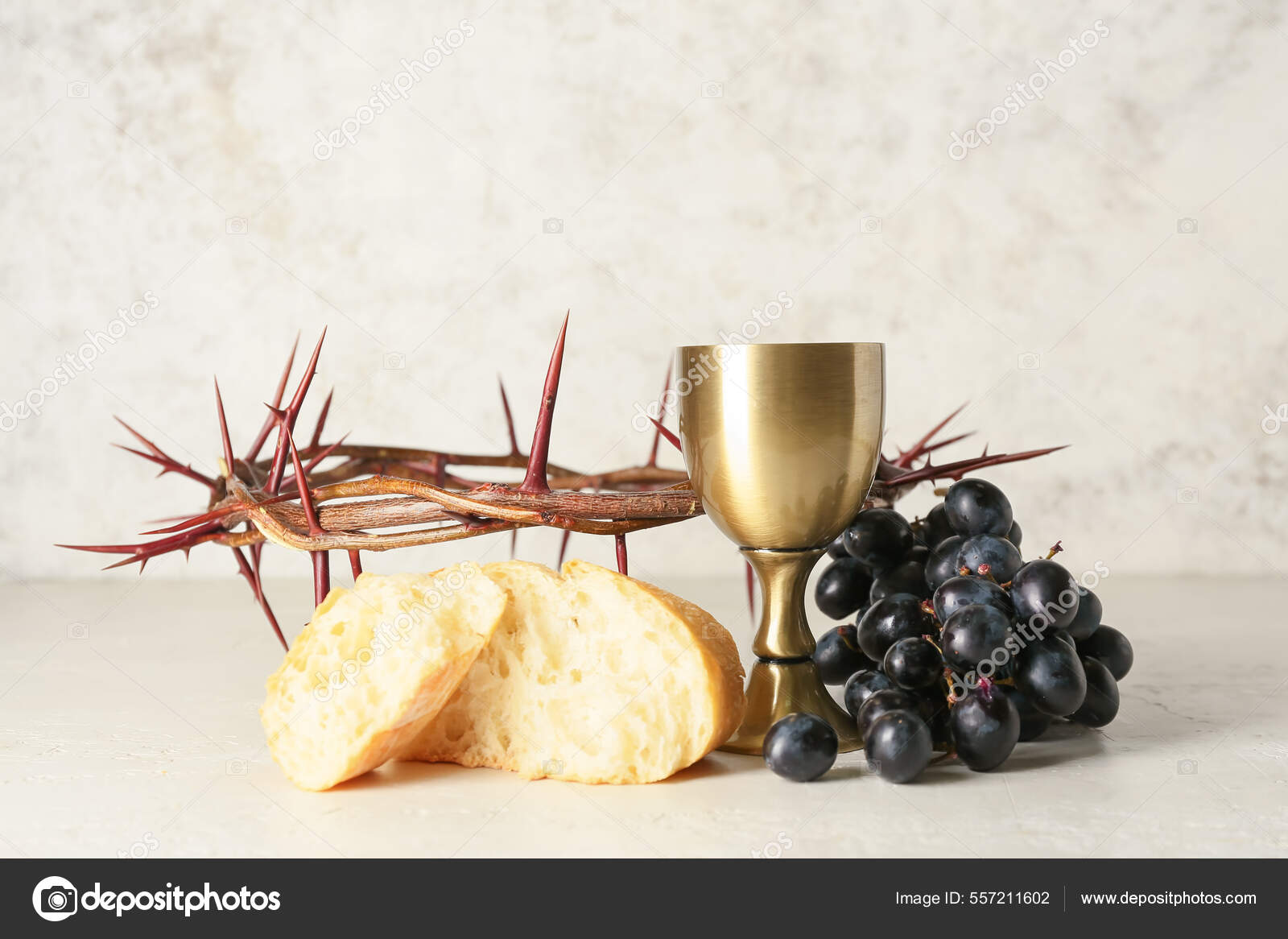 Cup Wine Grapes Bread Crown Thorns Light Background Stock Photo by ...