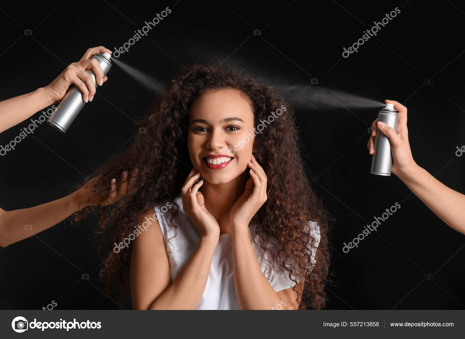 Beautiful Young African American Woman Hands Hair Spray Black ...