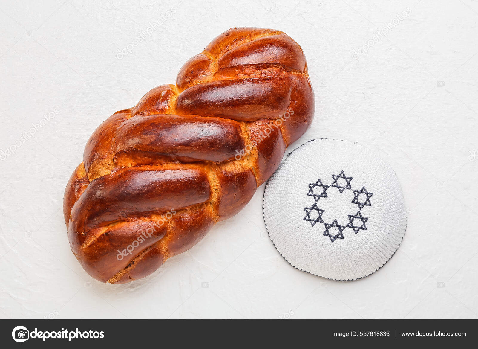 Traditional Challah Bread Jewish Cap White Background Shabbat Shalom ...