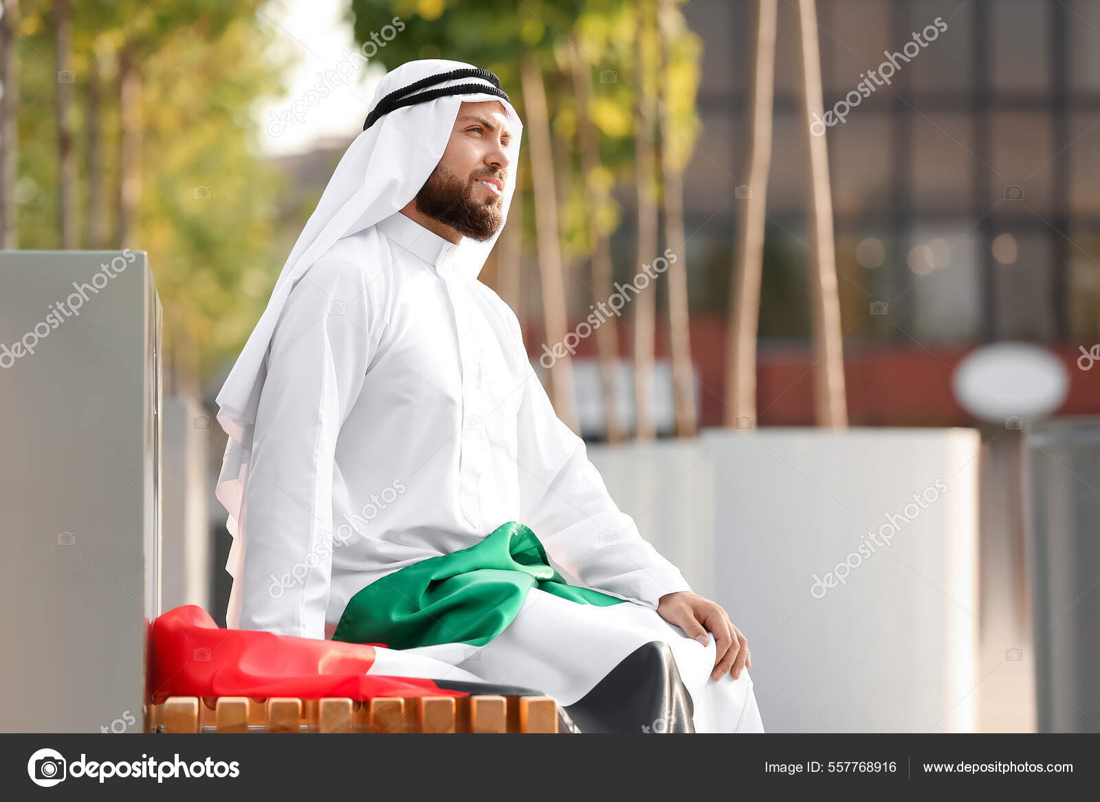 Handsome Muslim Man Uae Flag Sitting Bench Outdoors — Stock Photo ...