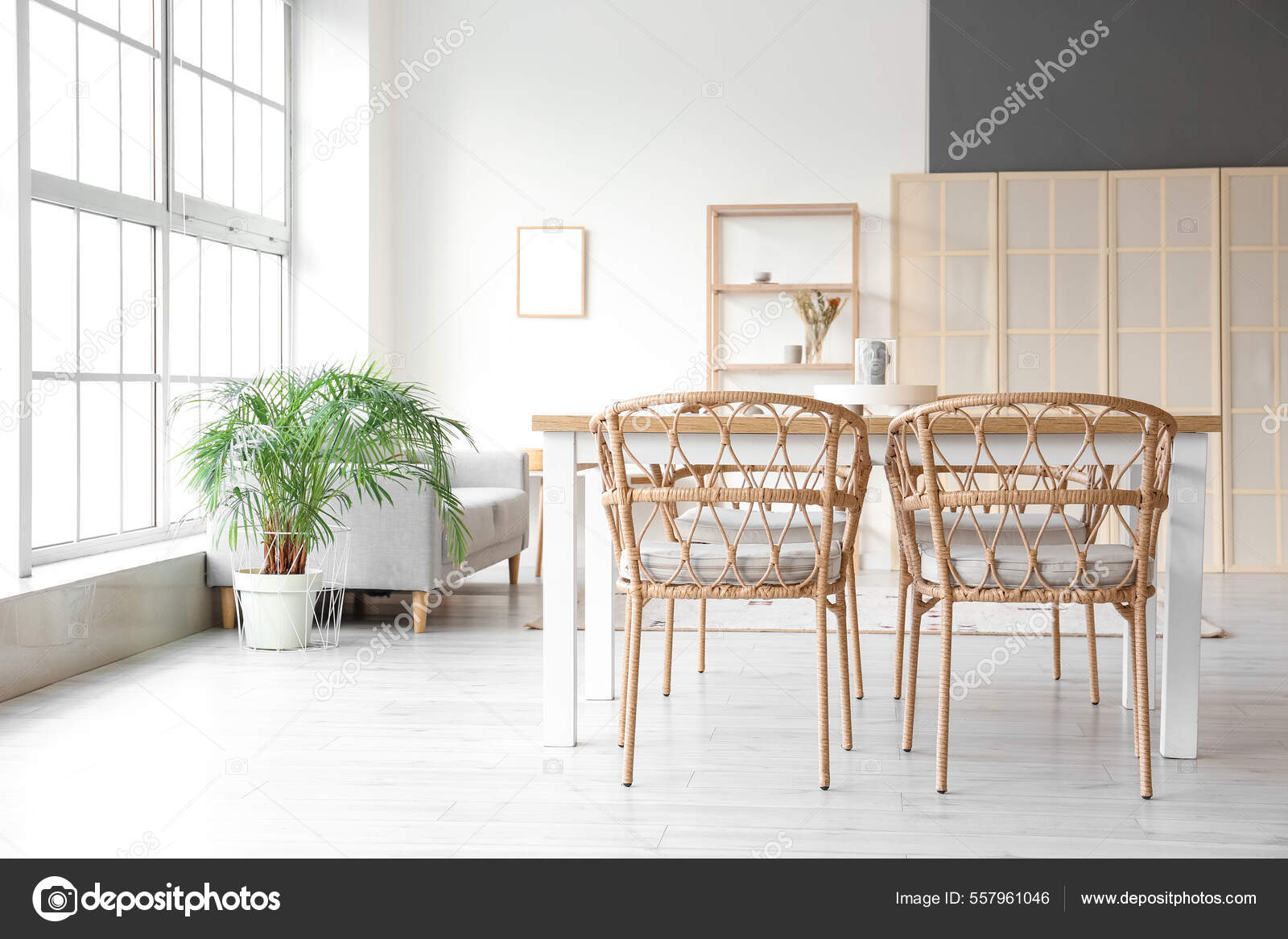 Interior Light Dining Room Table Sofa Folding Screen — Stock Photo ...