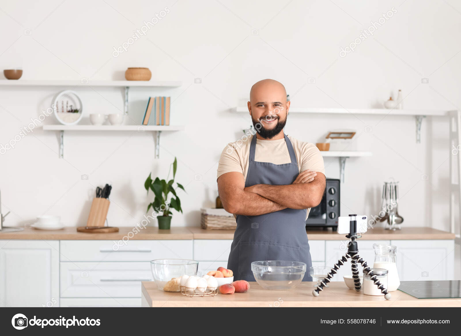 Handsome Man Cooking Video Tutorial Kitchen Stock Photo by ©serezniy ...