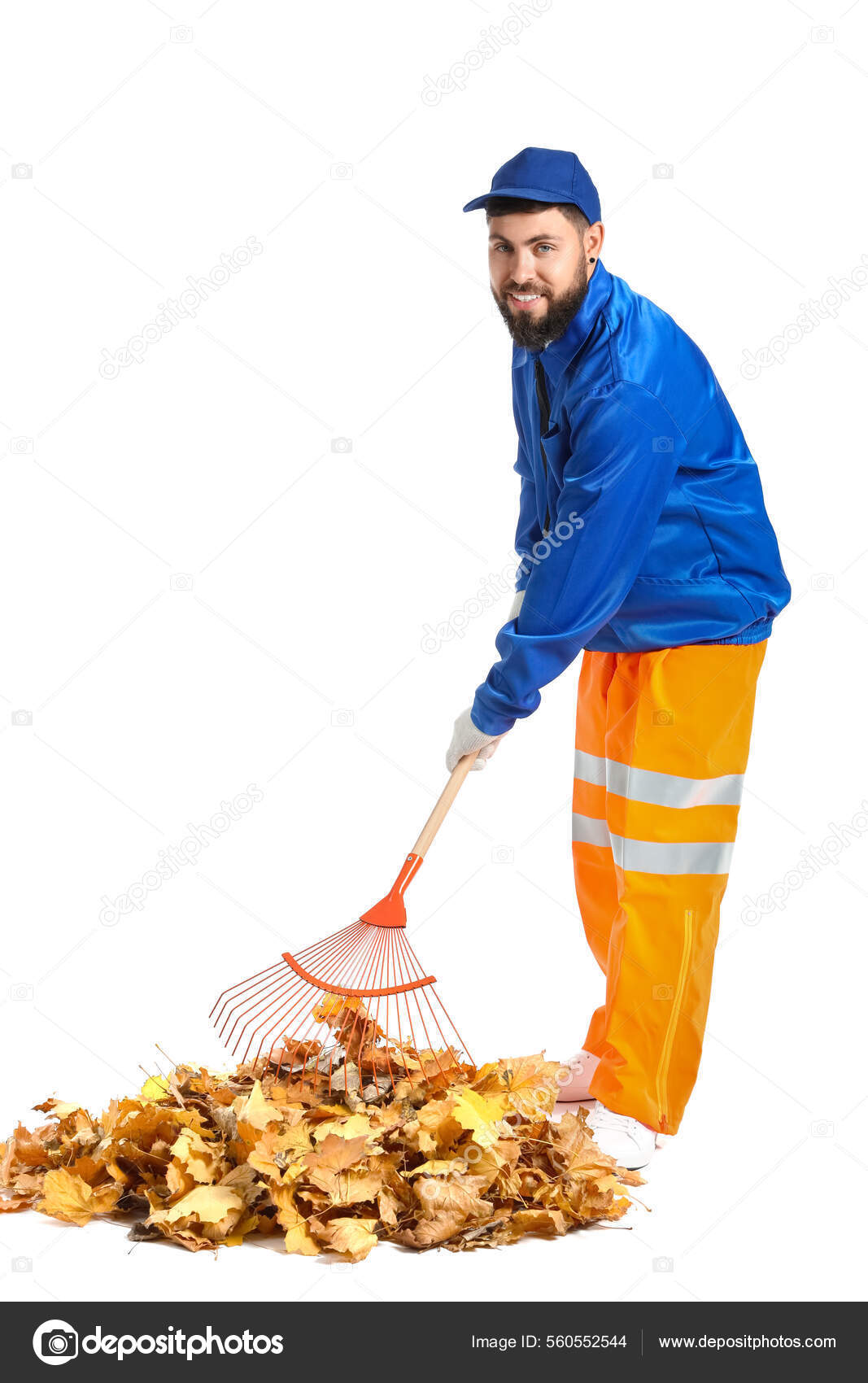 Worker Rake Autumn Leaves White Background Stock Photo by ©serezniy ...