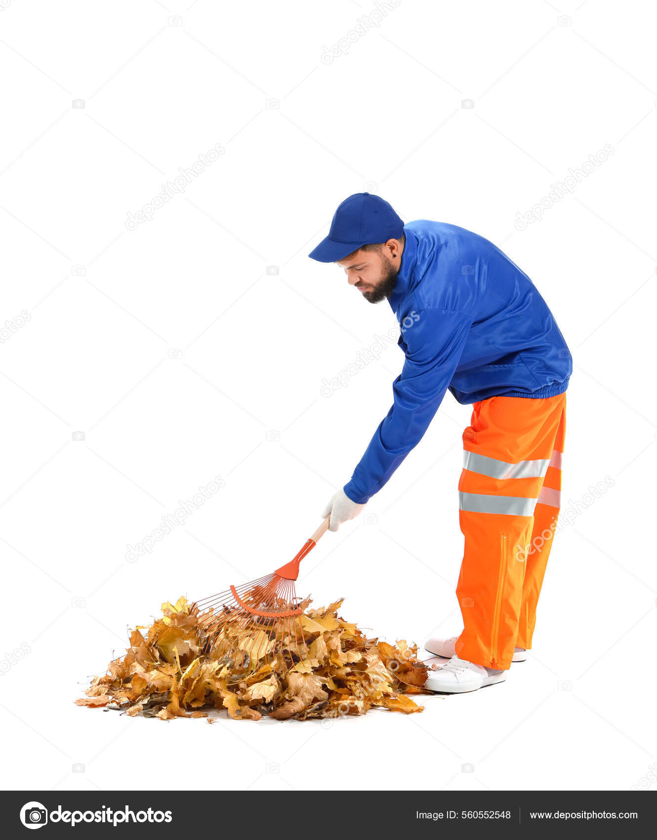 Worker Rake Autumn Leaves White Background Stock Photo by ©serezniy ...