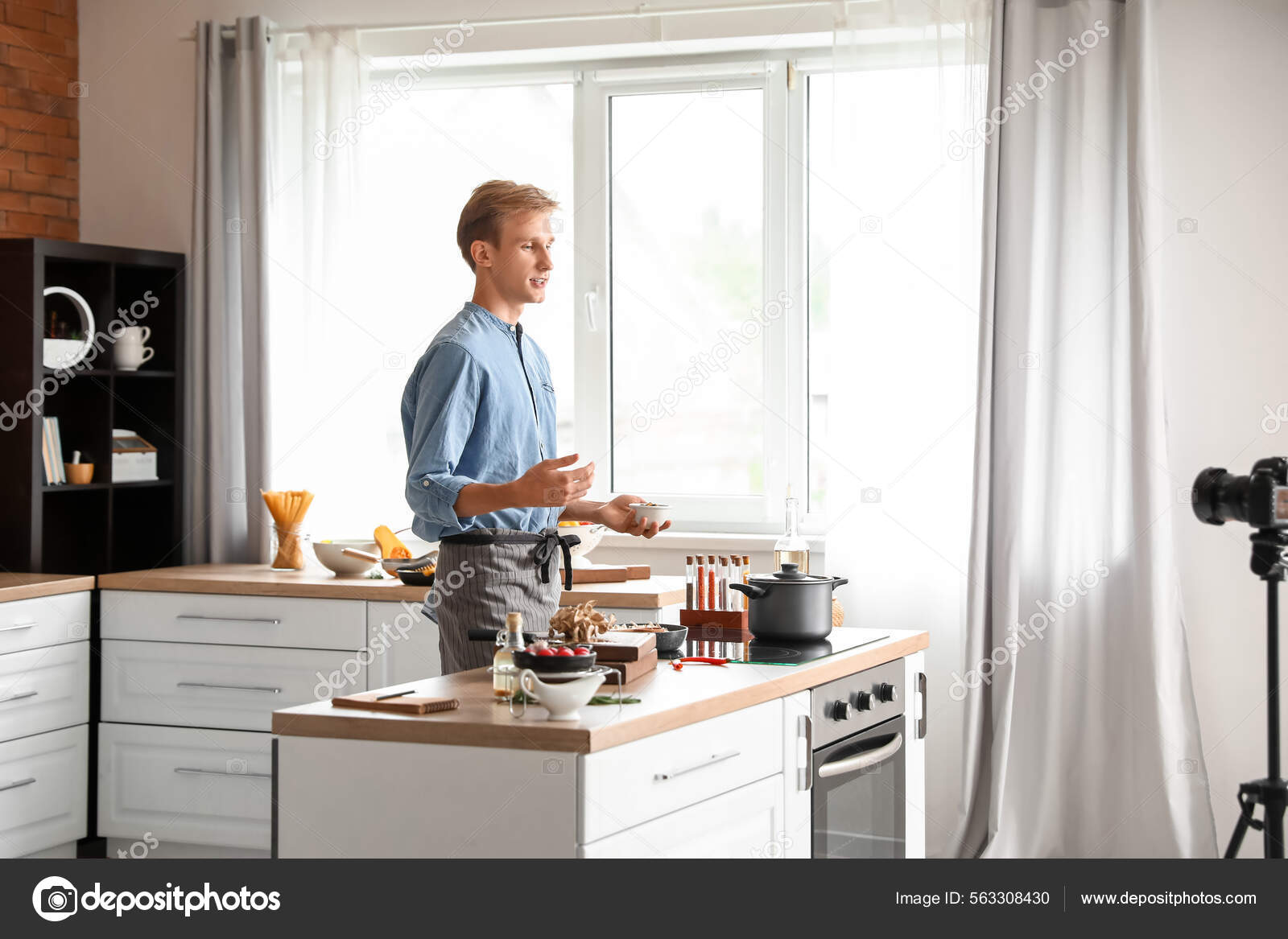 Young Man Cooking Rice While Recording Video Tutorial Kitchen — Stock ...
