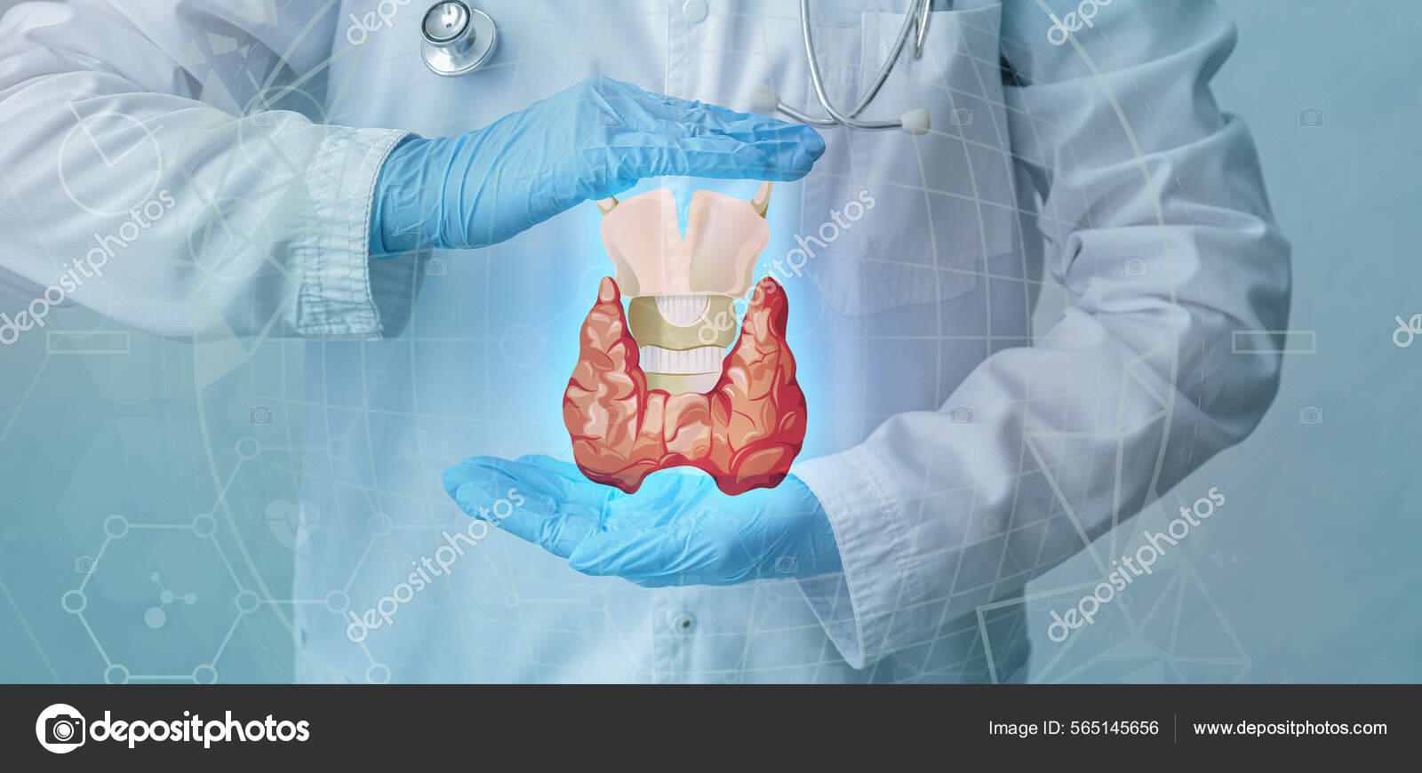 Cirujano Con Proyección Digital Glándula Tiroides Sobre Fondo Azul ...
