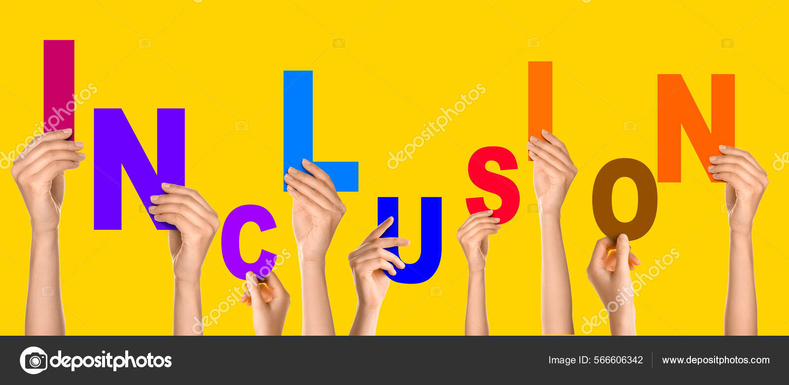 Muchas Manos Haciendo Palabra Inclusión Letras Sobre Fondo Amarillo ...