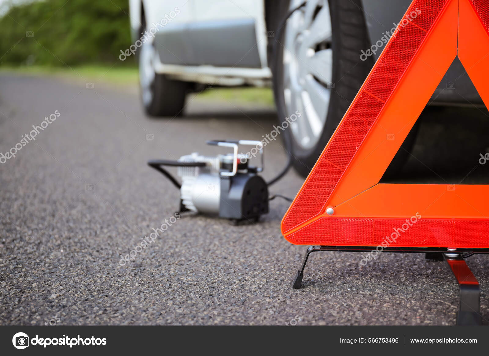Red Triangle Emergency Stop Sign Broken Car Outdoors Closeup Stock ...