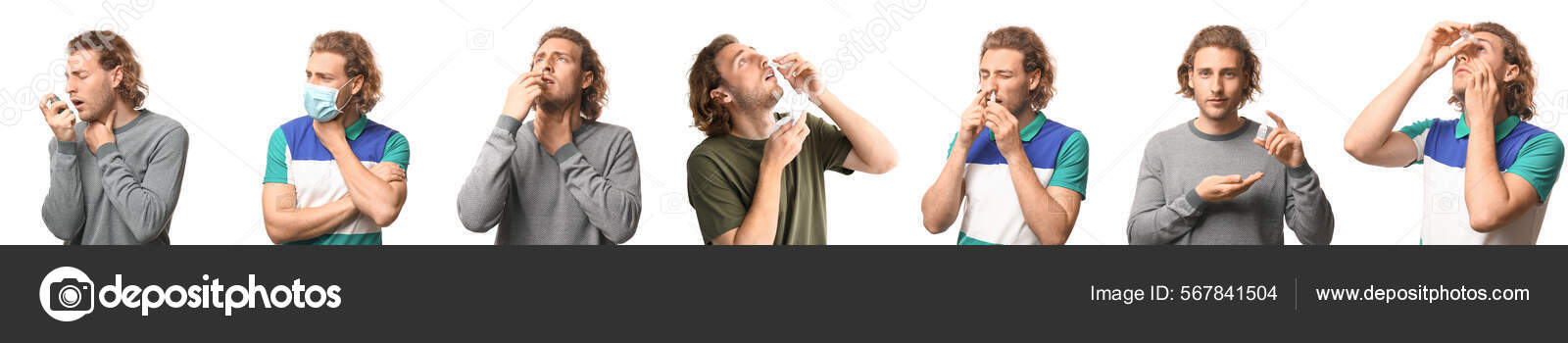 Set Young Man Suffering Allergic Reactions White Background — Stock ...