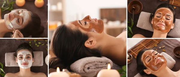 Collage with young women with face masks relaxing in spa salon - Stock ...