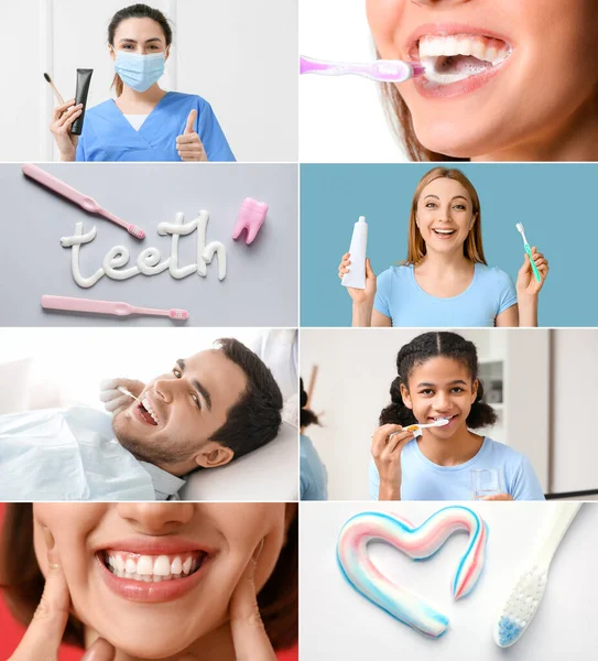 Collage of different people with tooth brushes and paste - Stock Image ...