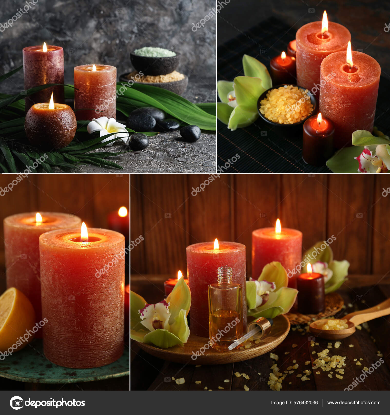 Spa Collage Burning Candles Essential Oil Sea Salt Orchid Flowers ...