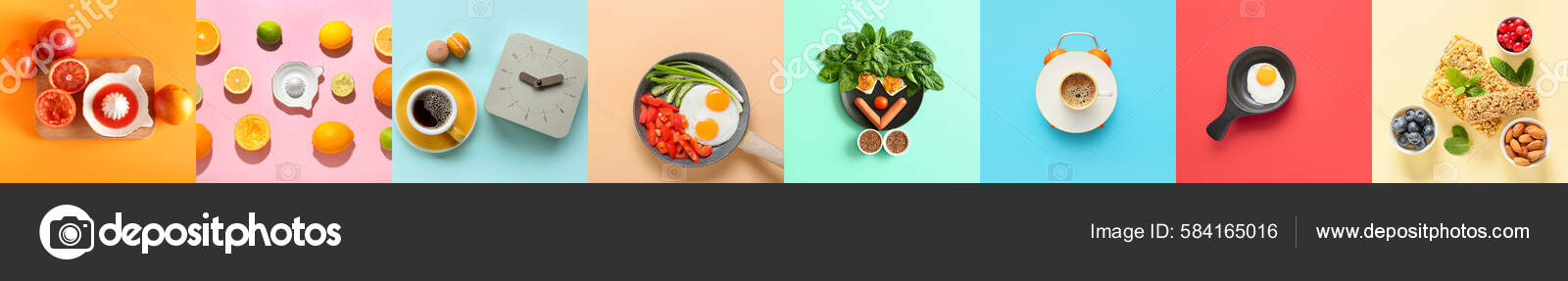 Collage Tasty Breakfasts Color Background Top View — Stock Photo ...