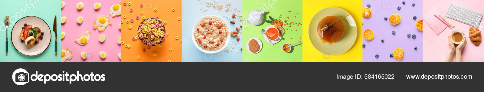 Collage Tasty Breakfasts Color Background Top View Stock Photo by ...