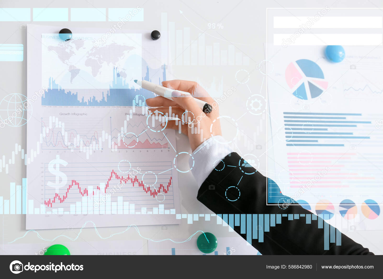 Double Exposure Virtual Screen Diagrams Businesswoman Working Documents ...