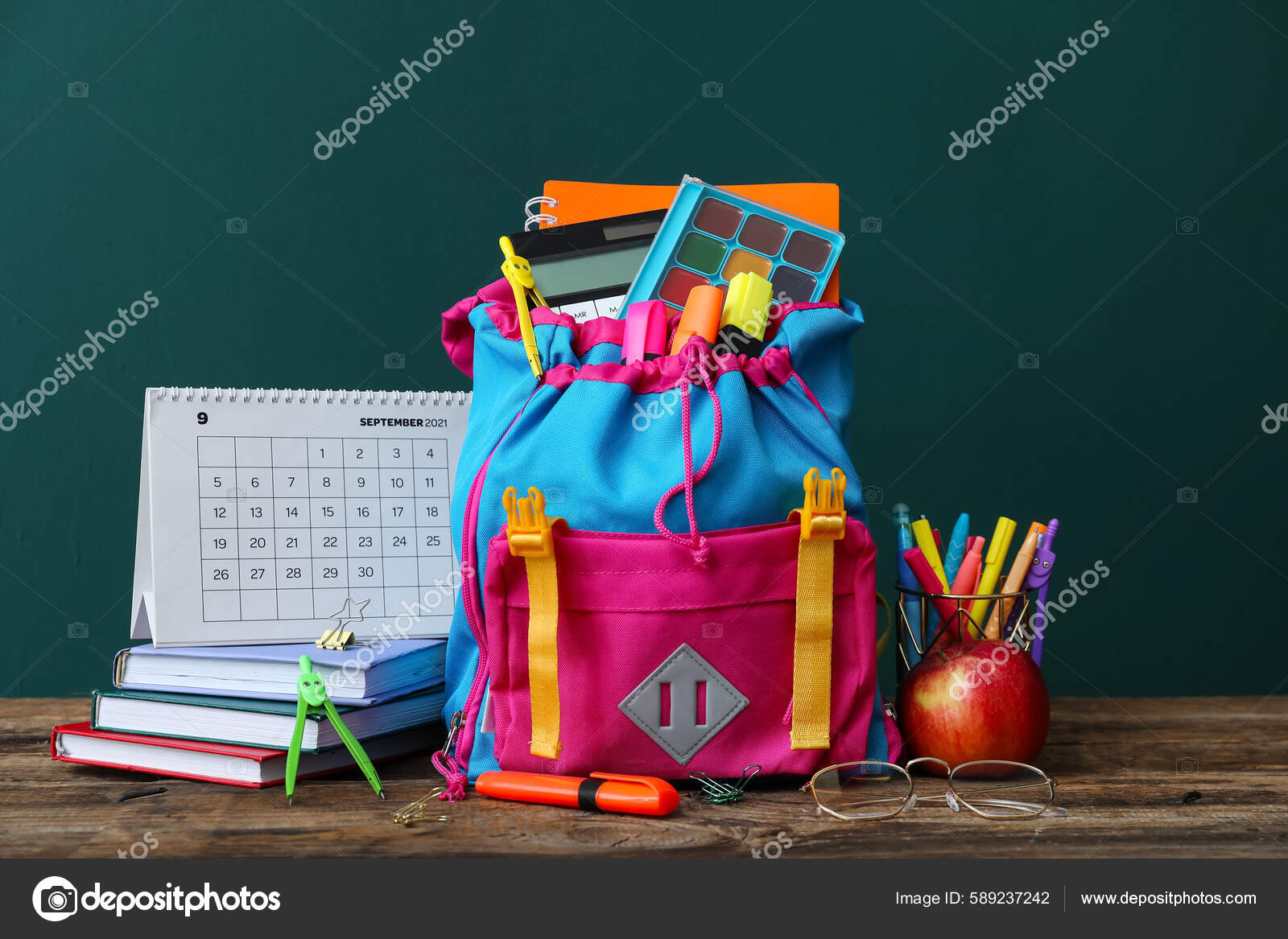 School Backpack Stationery Calendar Apple Eyeglasses Table Green ...
