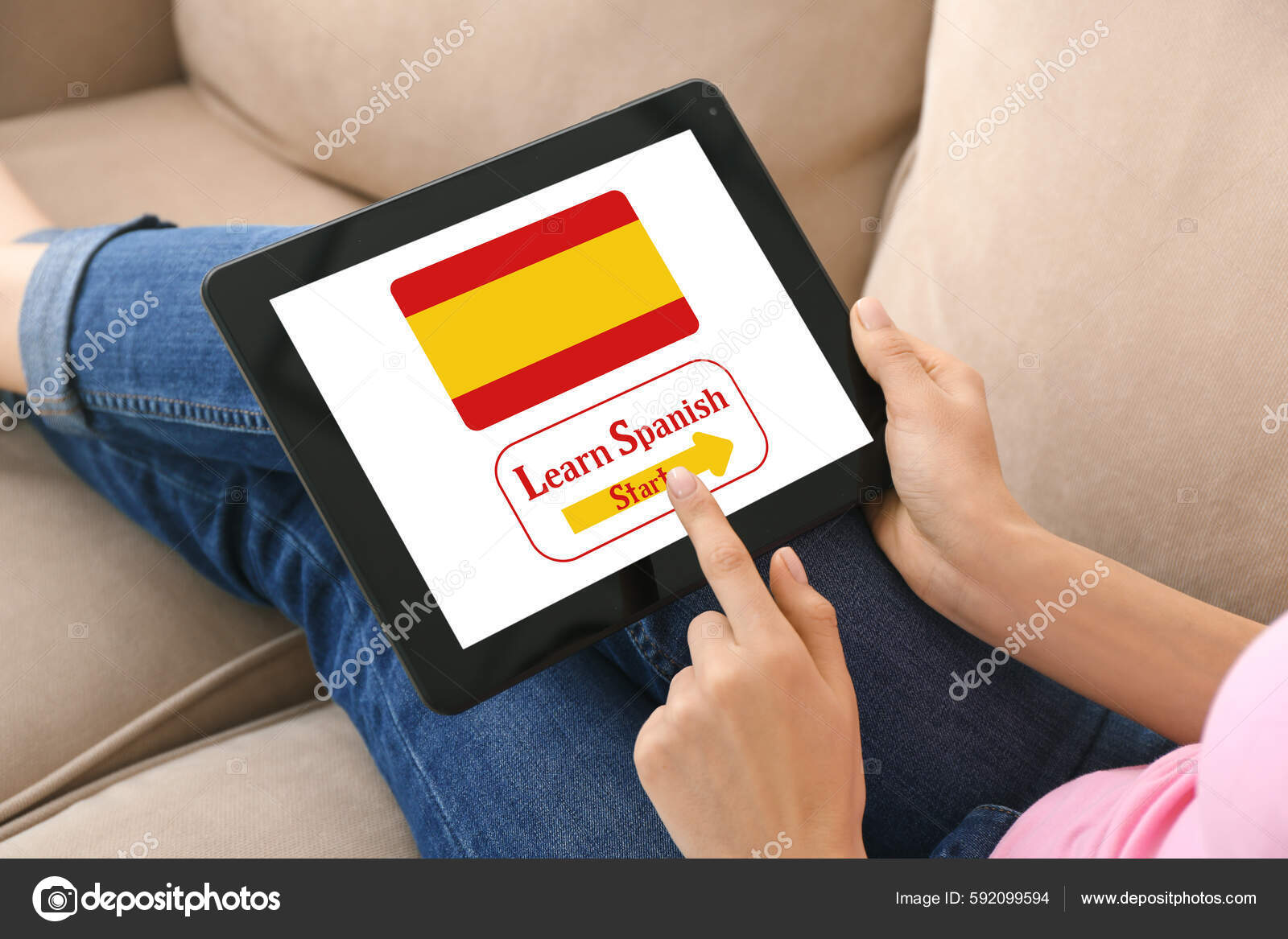 Woman Tablet Computer Studying Spanish Home — Stock Photo © serezniy ...