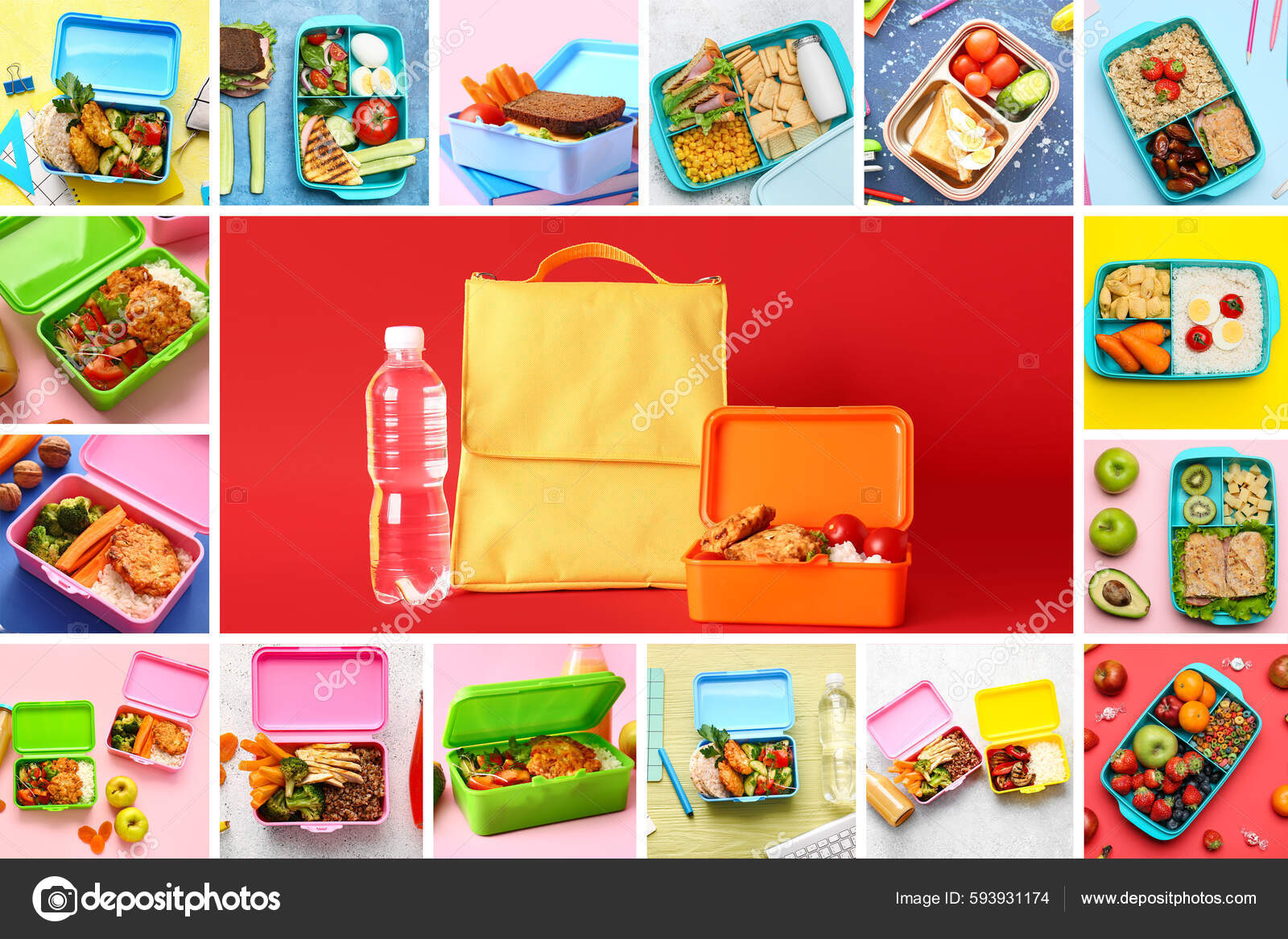 Collage Many Different Lunch Boxes Full Tasty Food — Stock Photo ...
