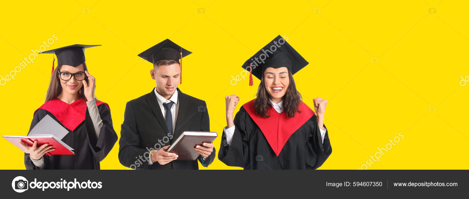 Graduating Students Yellow Background Space Text — Stock Photo ...