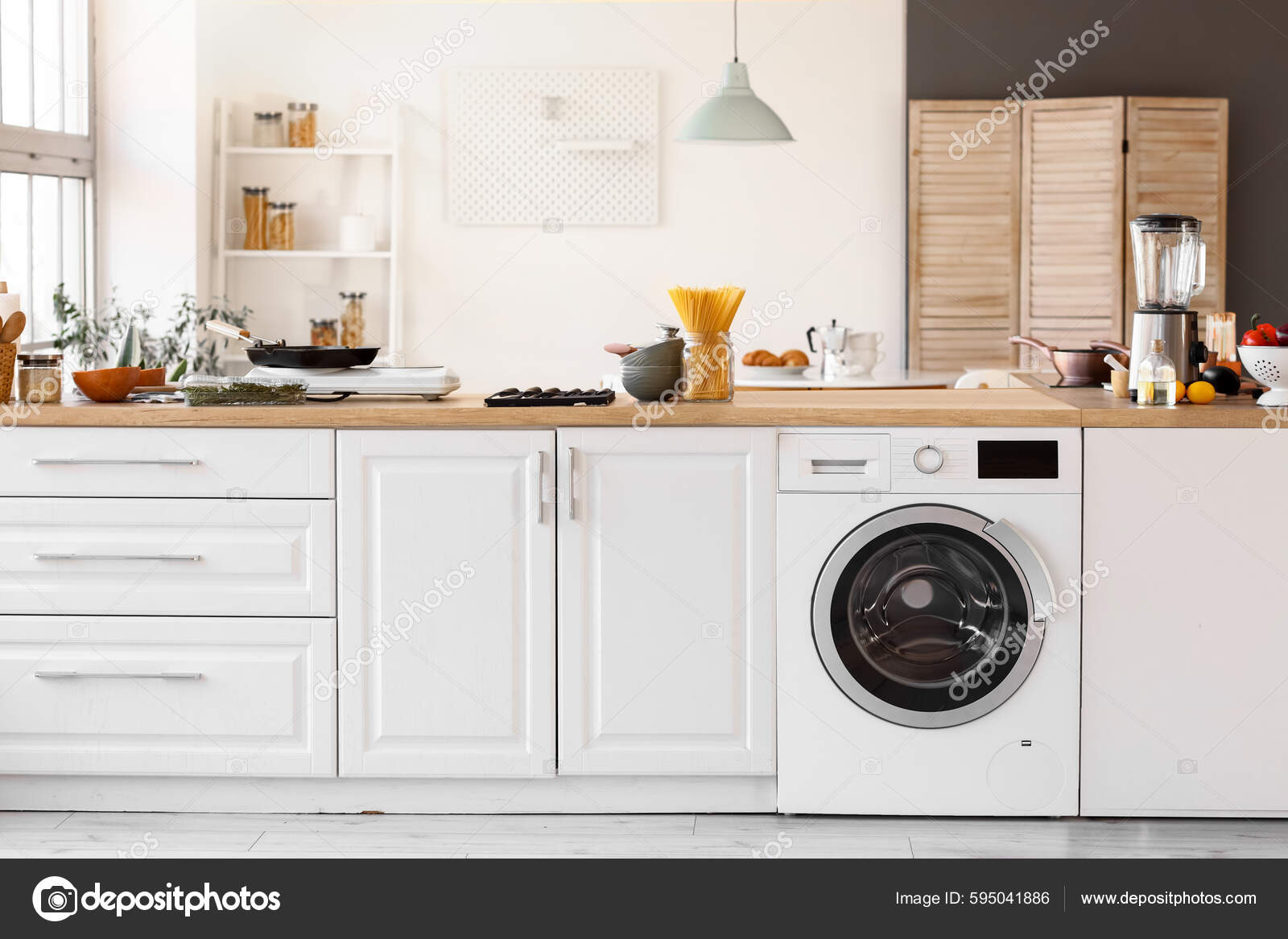 Modern Washing Machine White Counters Interior Light Kitchen Stock ...