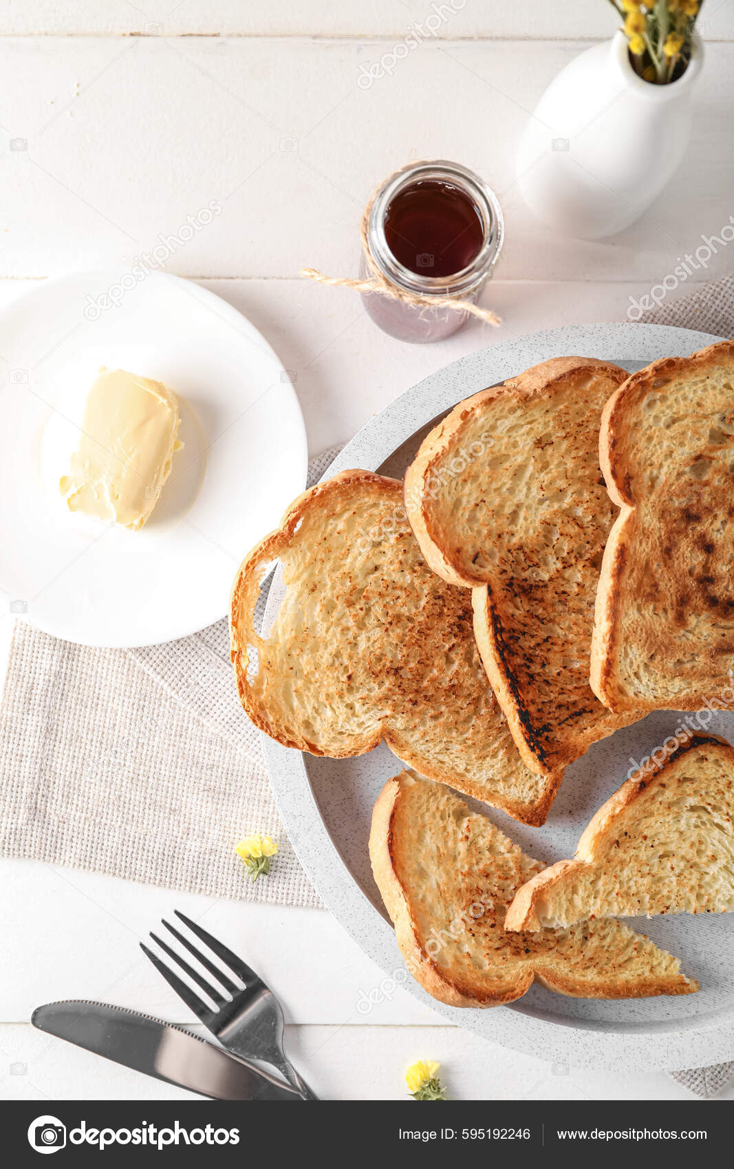 Plates Toasts Butter Maple Syrup Light Wooden Background Closeup Stock ...