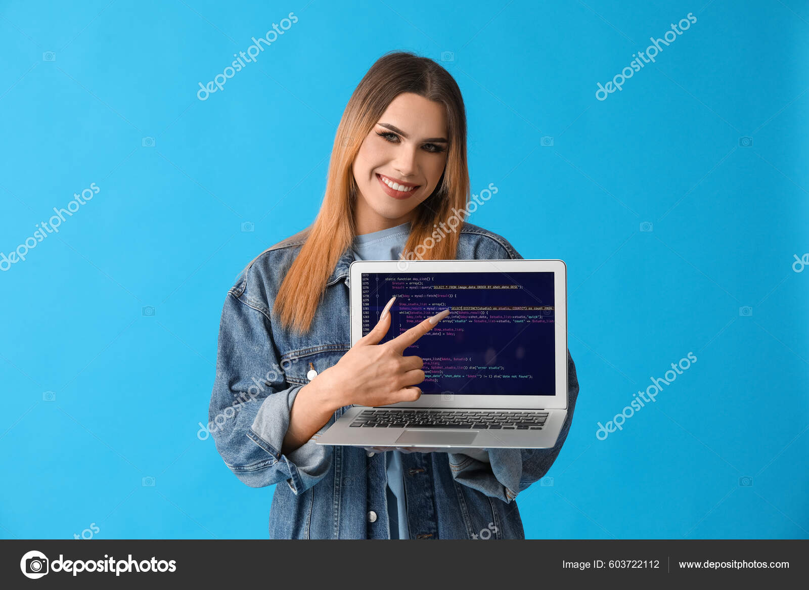 Transgender Programmer Laptop Blue Background — Stock Photo © serezniy ...