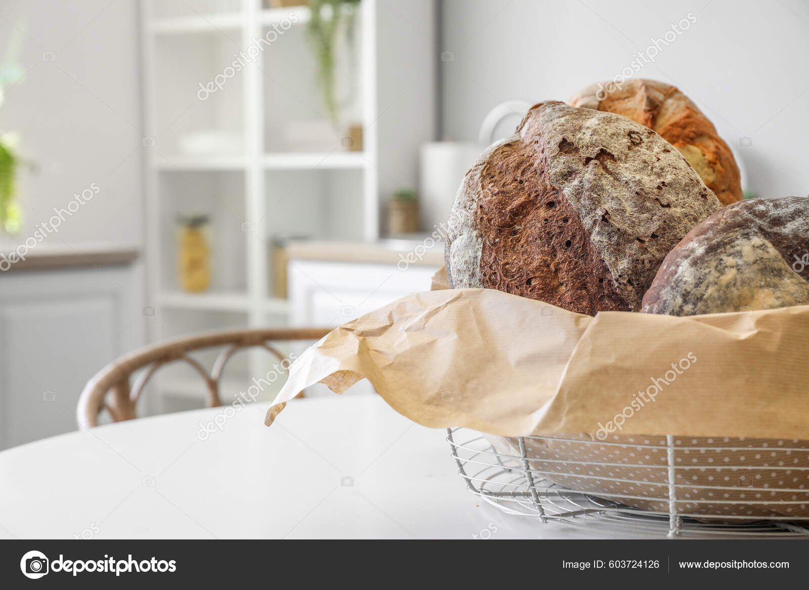 Basket Loaves Fresh Bread Parchment Paper Table Kitchen Stock Photo by ...