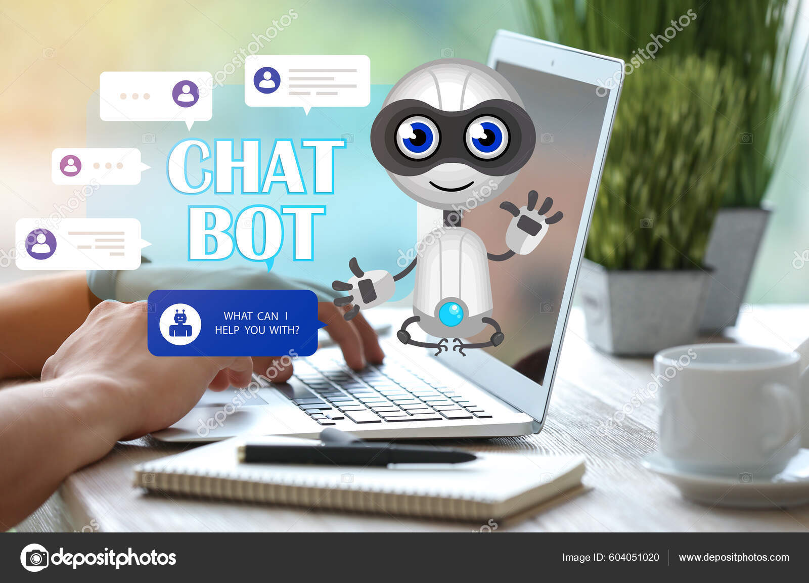 Man Laptop Chatting Bot Office — Stock Photo © serezniy #604051020