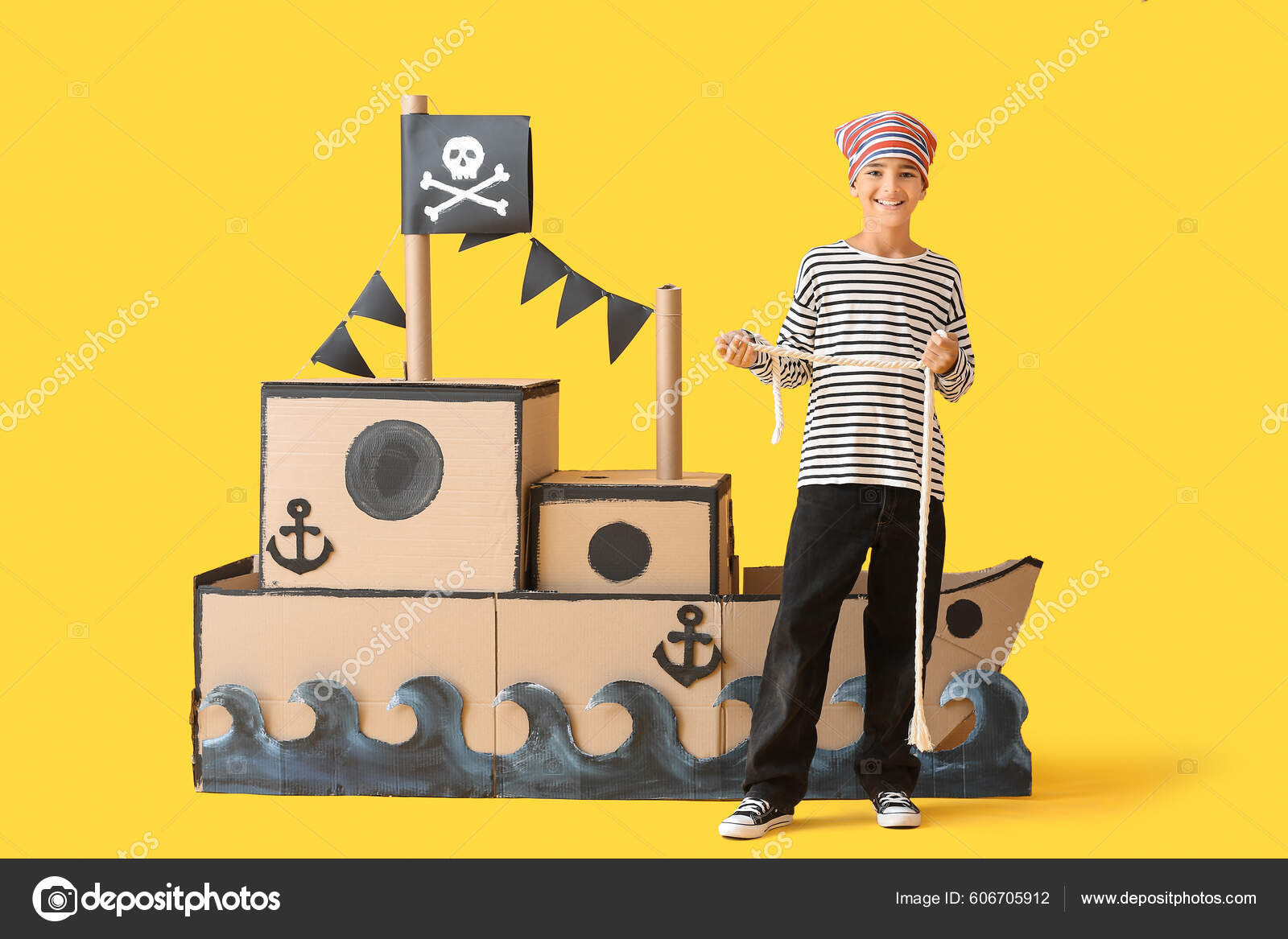 Little Boy Dressed Pirate Rope Cardboard Ship Yellow Background Stock ...