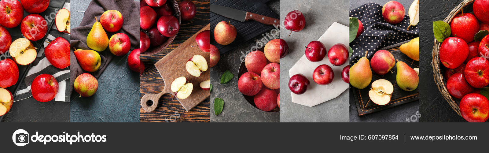 Collage Fresh Red Apples Pears Dark Background Top View — Stock Photo ...