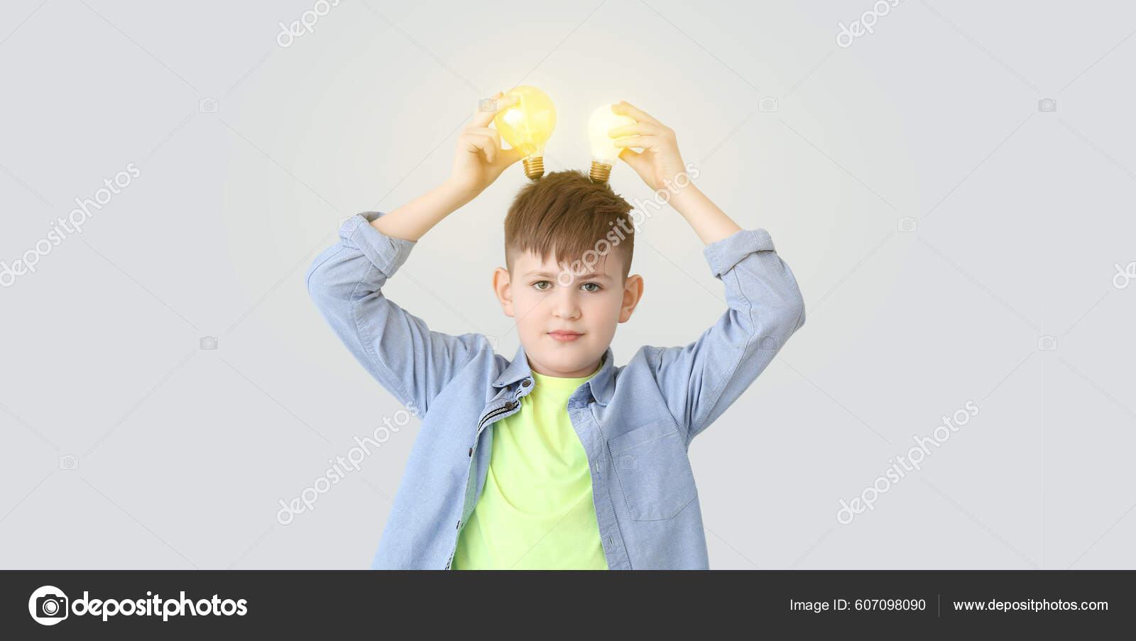 Cute Little Boy Glowing Light Bulbs Grey Background — Stock Photo ...