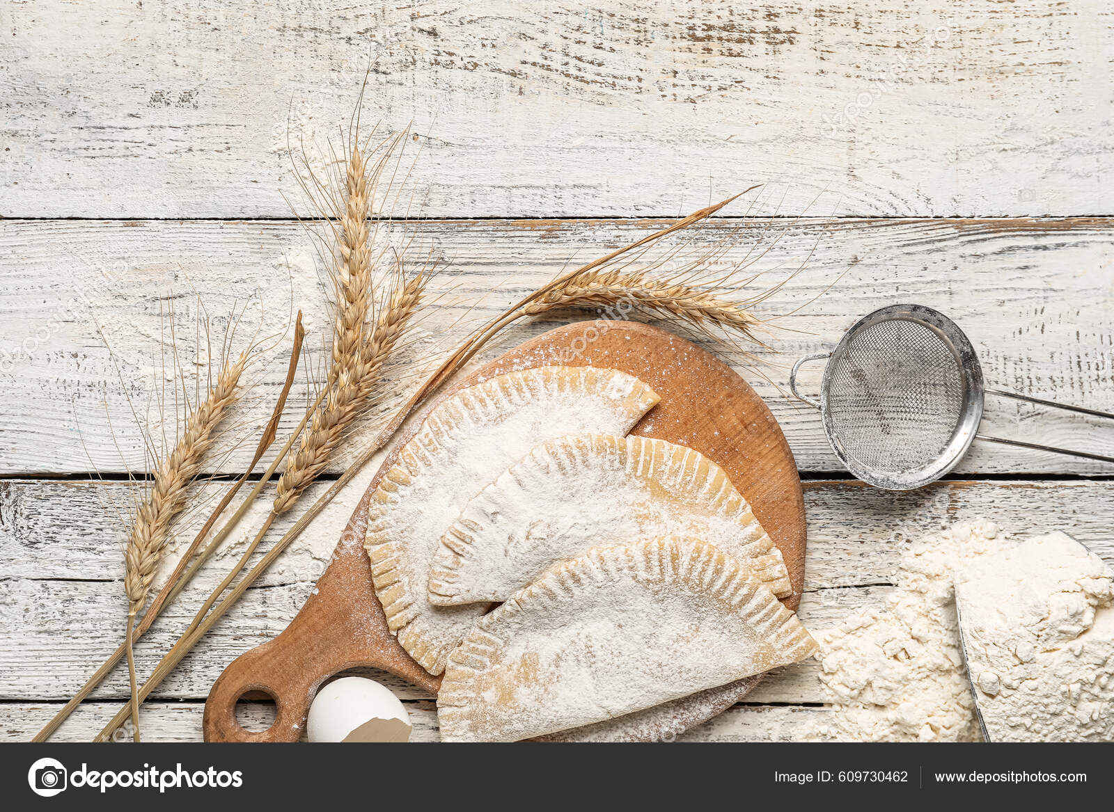 Board Raw Chebureks Spikelets Flour Sieve White Background — Stock ...