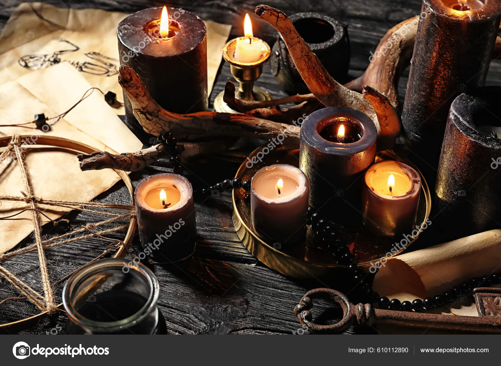 Burning Candles Magic Attributes Ritual Dark Wooden Wizard Table Stock ...