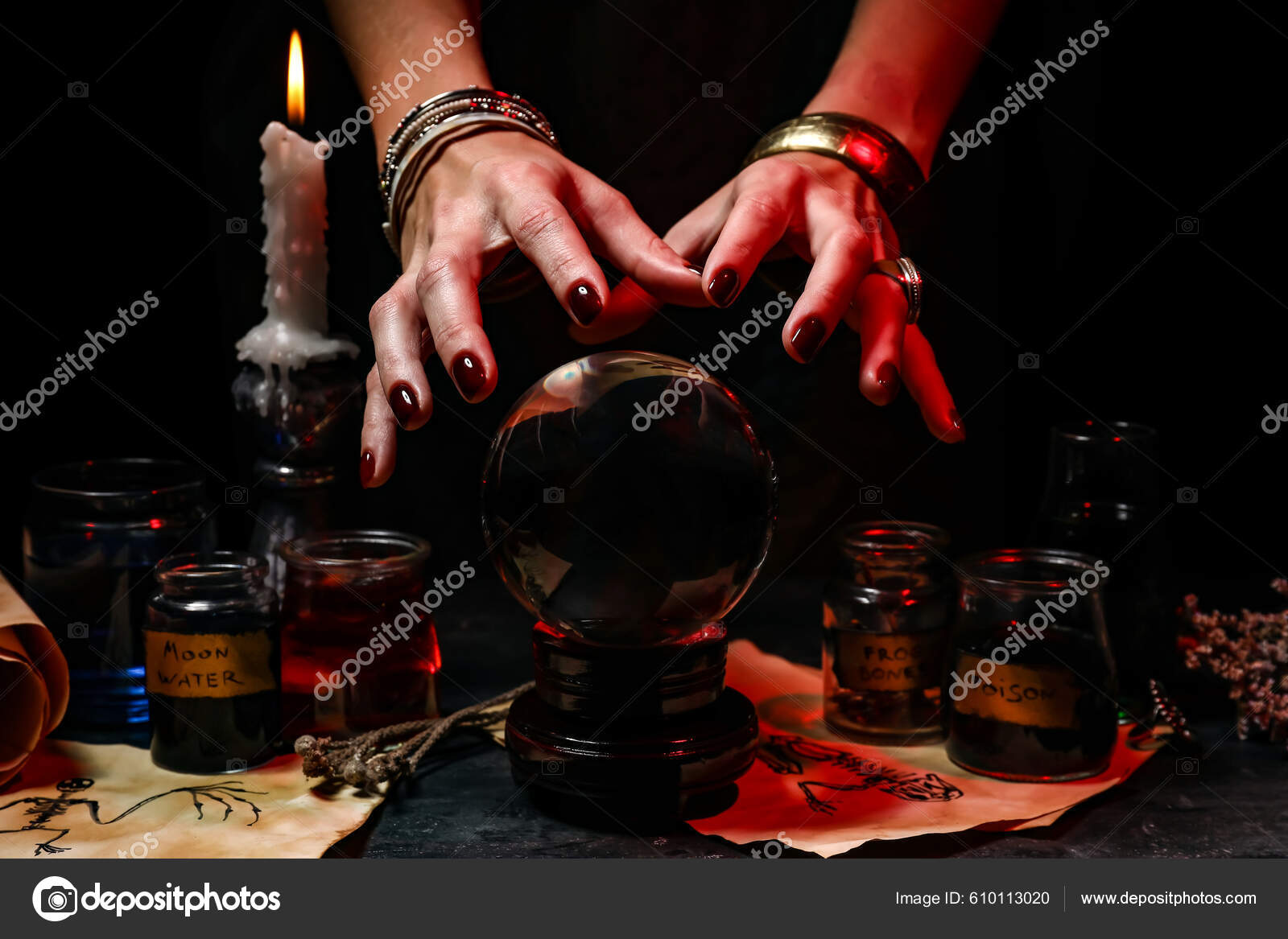Witch Crystal Ball Reading Future Dark Background Stock Photo by ...