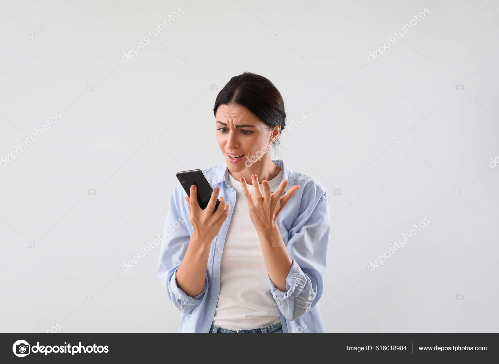 Stressed Young Woman Mobile Phone Light Background Stock Photo by ...