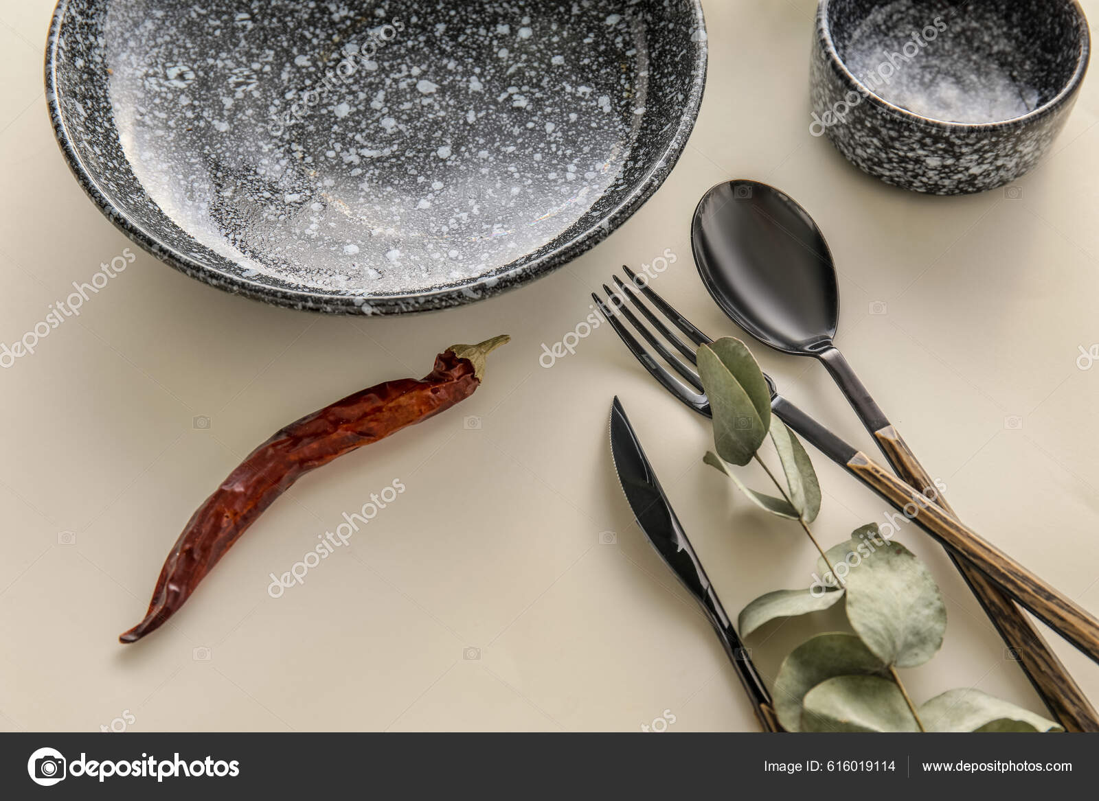 Table Setting Hot Chili Pepper Eucalyptus Branch Light Background ...