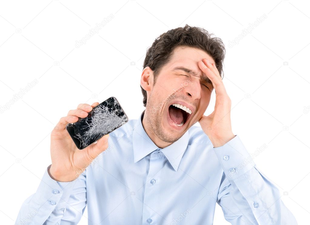 Angry man showing broken smartphone — Stock Photo #24194907