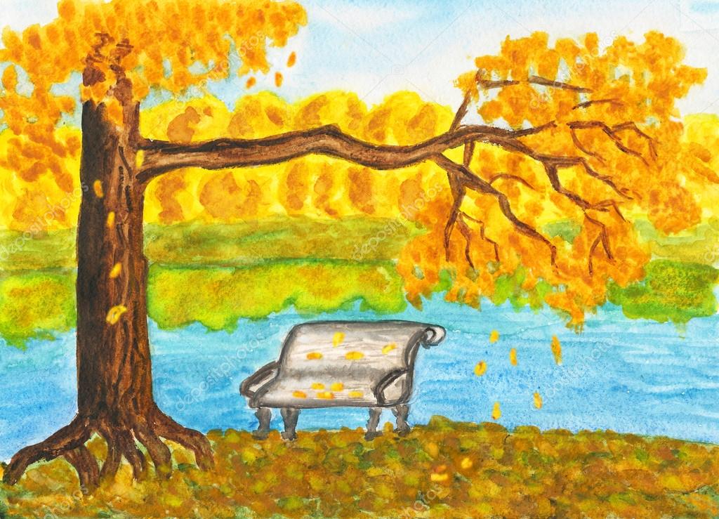 Autumn landscape with tree and bench, painting Stock Photo by ...