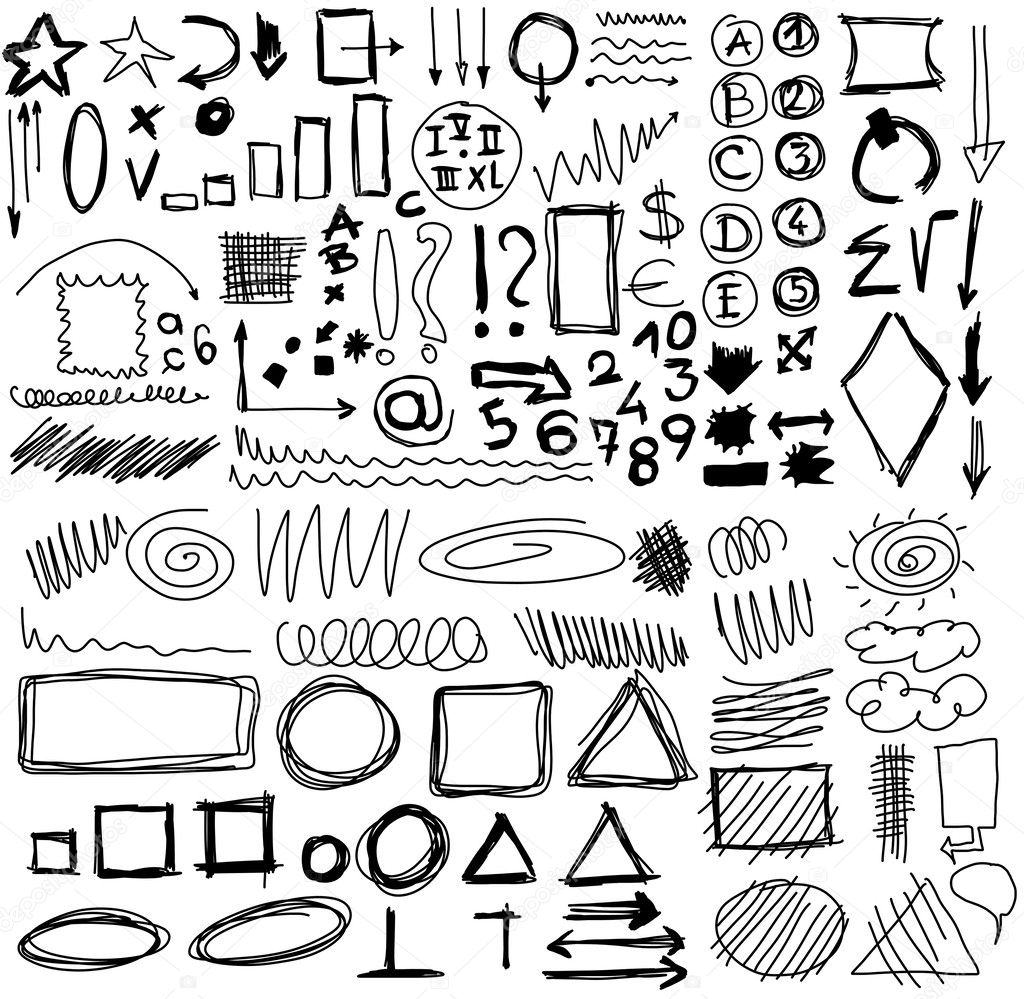 Set hand drawn shapes, circle, square, triangle, numbers, line — Stock ...
