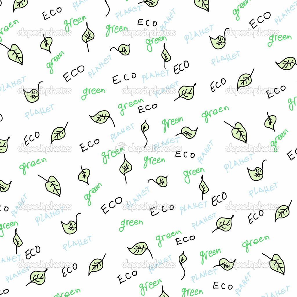 Seamless pattern with green doodle leaves and word ECO — Stock Photo ...