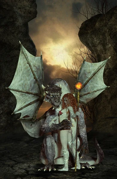 Lithe beauty standing next to her dragon in front of fantasy background ...