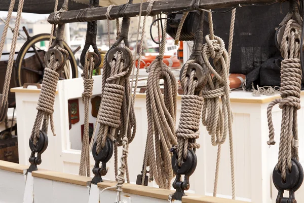 Ancient wooden sailboat pulleys and ropes Stock Photo by ©lunamarina ...