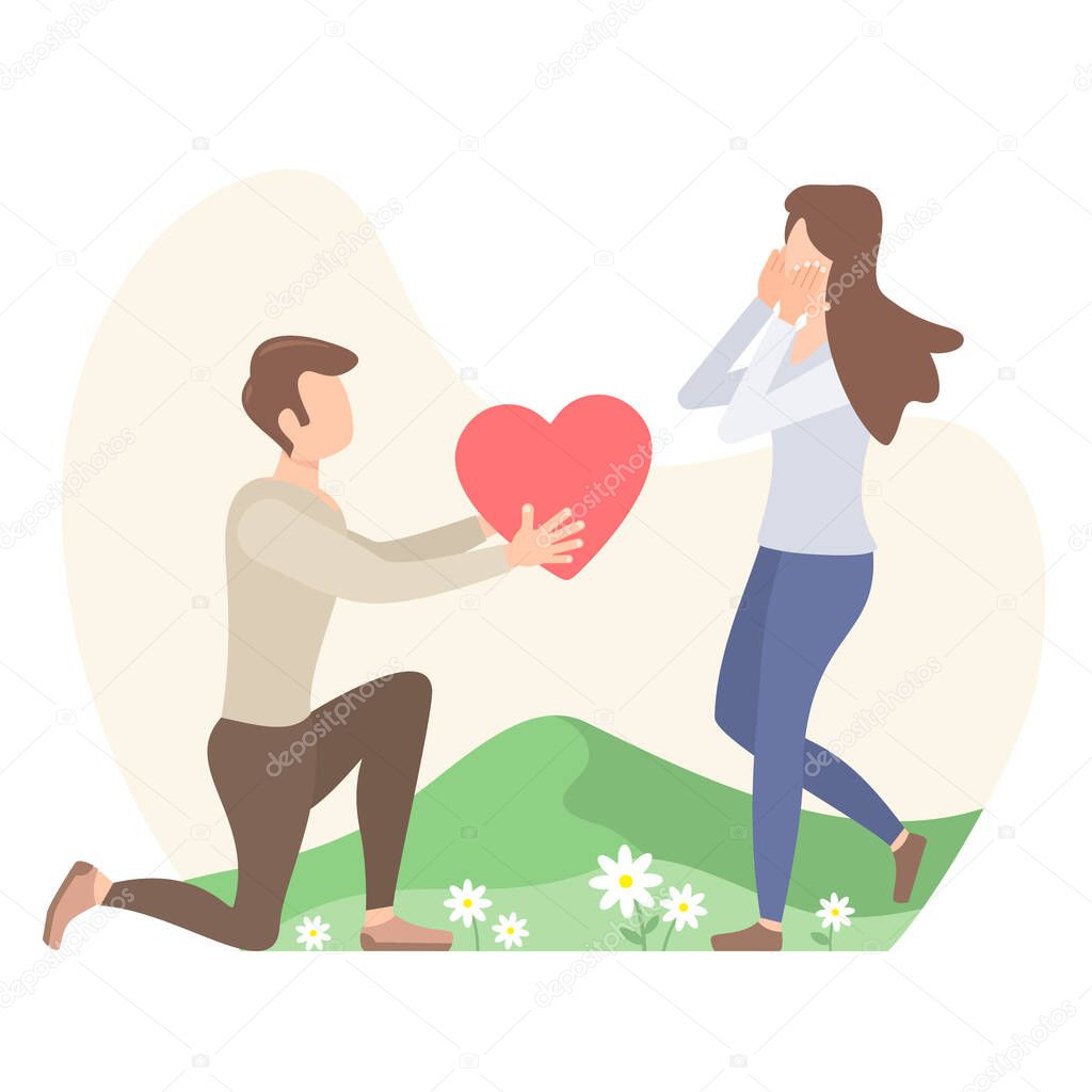 Joven hombre dando corazón a la mujer vector plana ilustración moderna ...