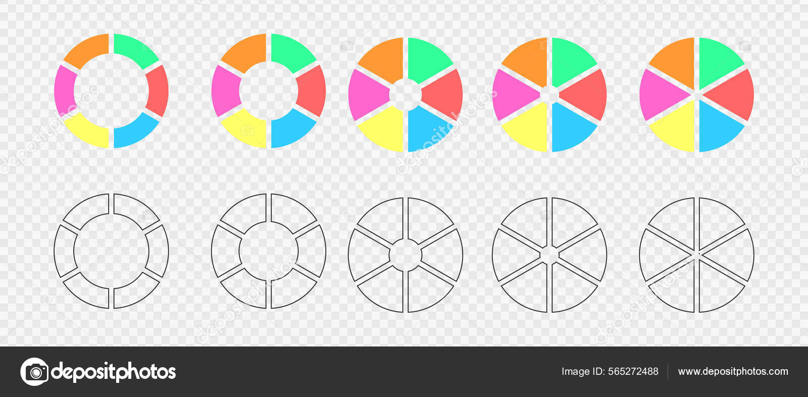 Set of donut charts segmented on 6 equal parts. Infographic wheels divided in six colored and ...