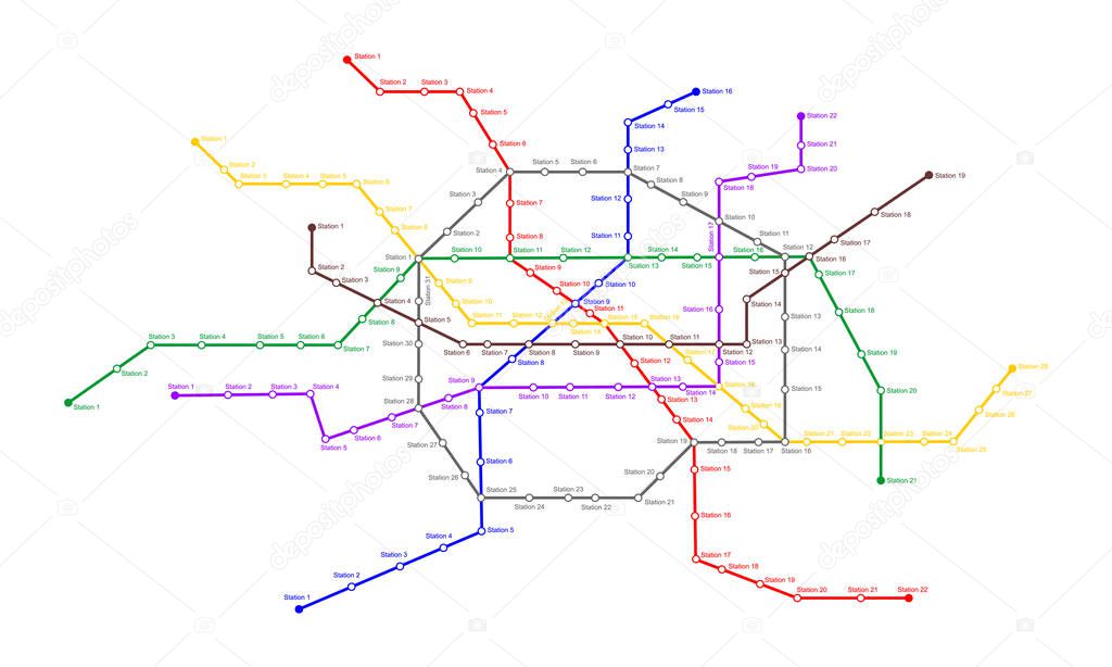 Plano del metro con muchas líneas de manera de colores y estaciones ...
