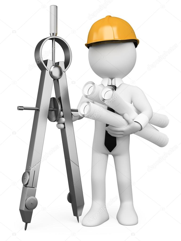 3D white . Architect with a compass and plans — Stock Photo © real ...