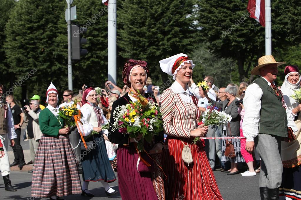RIGA, LATVIA - JULY 07: People in national costumes at the Latvi ...