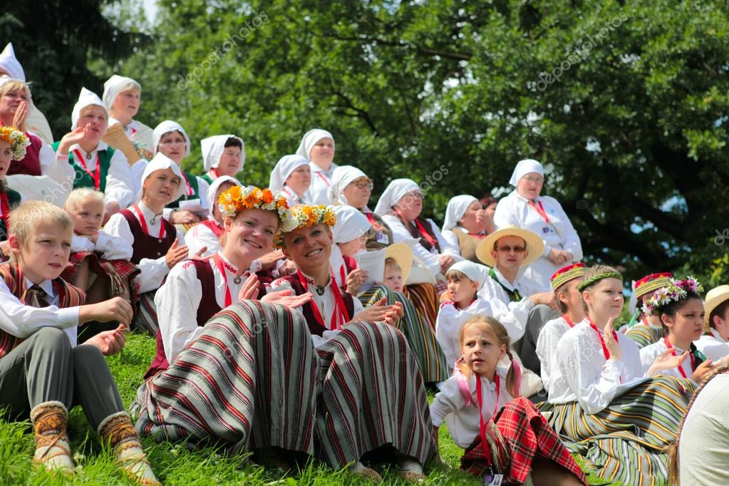 RIGA, LATVIA - JULY 06: People in national costumes at the Latvi ...