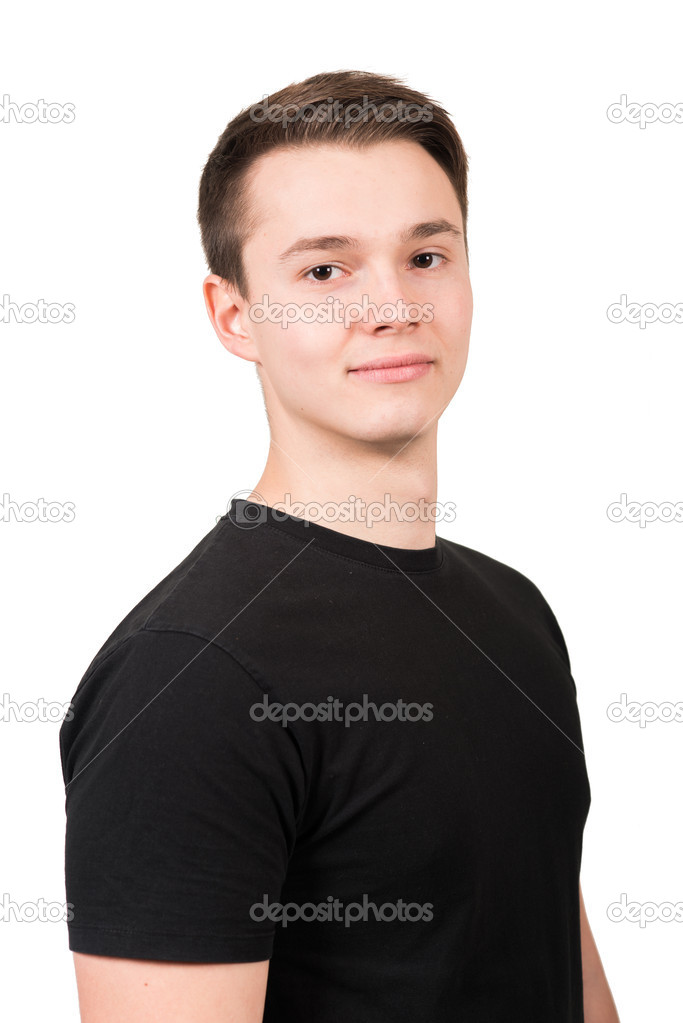 Portrait of young happy caucasian man in black t-shirt. Isolated on ...