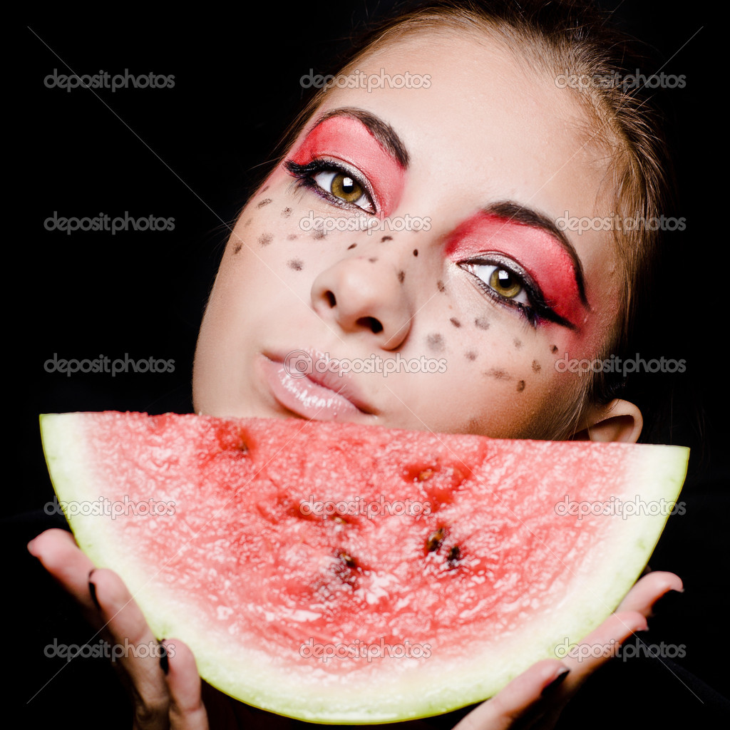 Young beautiful woman and watermelon portrait — Stock Photo © rosipro ...